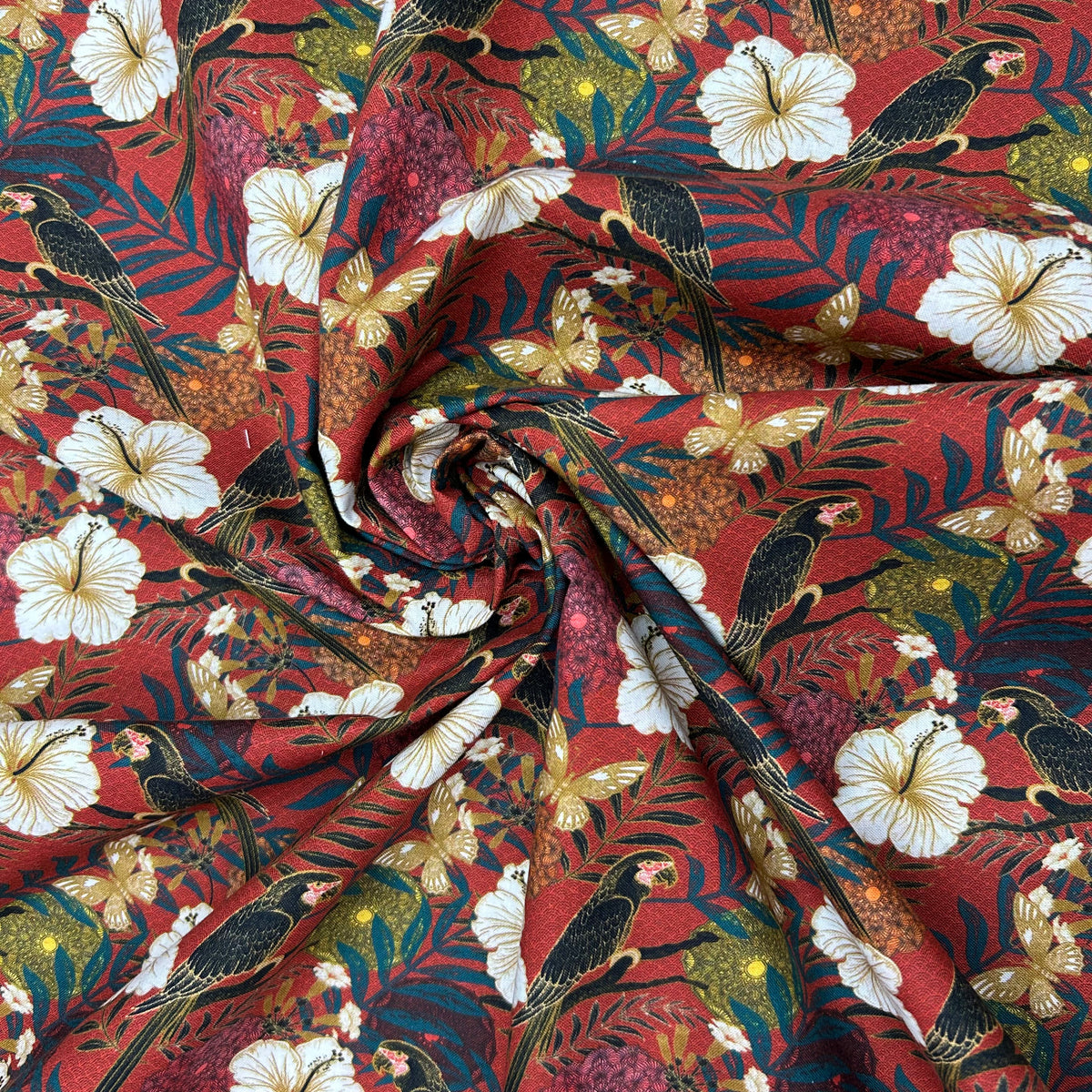 Multicolor tropical life on dark red Stof France cotton fabric – Lee ...